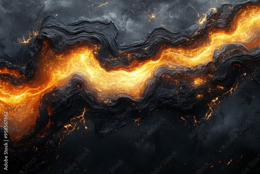 Liquid hot lava in ground cracks top view. Rock textures of volcano ...