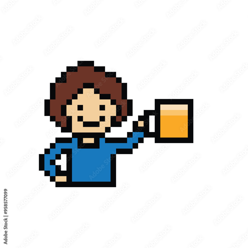 Cute pixel cartoon 8bit character man drink beer alcohol party ...