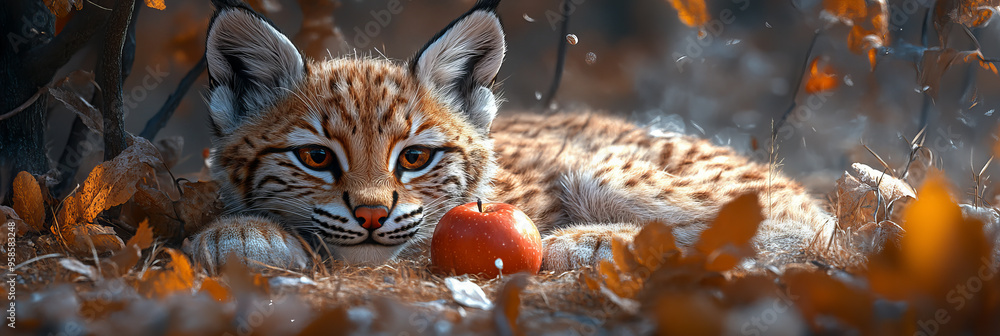 Cute lynx with an apple in forest, autumn colors, playful and curious ...