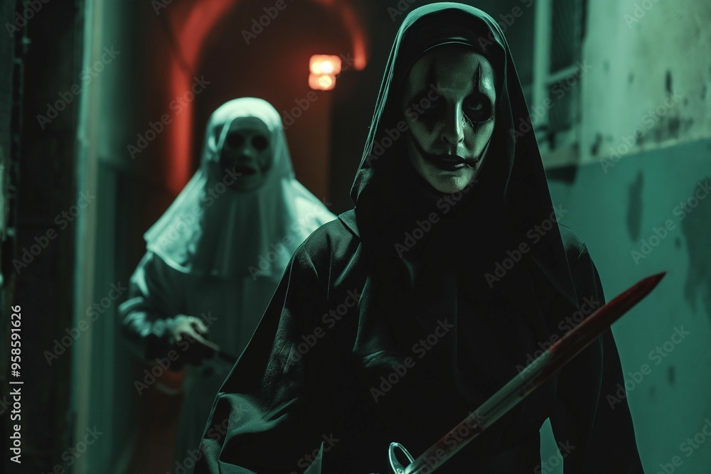 Two people in eerie nun costumes with painted faces and a bloody knife ...