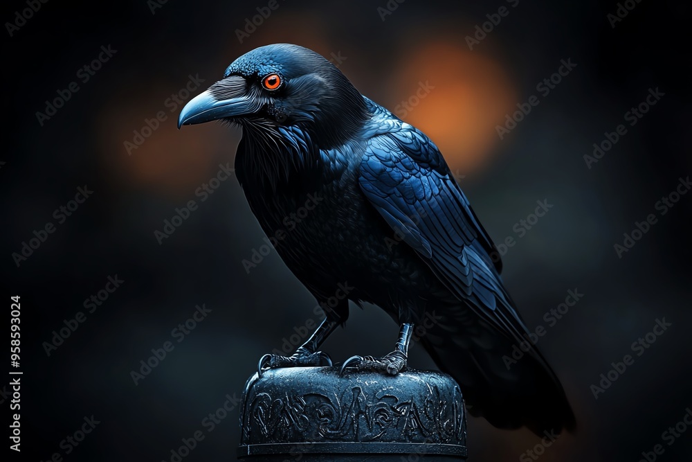 Heraldic raven, black feathers, symbol of prophecy appears as a ...