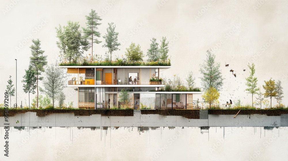 Sustainable House Cross Section Design with Green Roof and Trees Stock ...