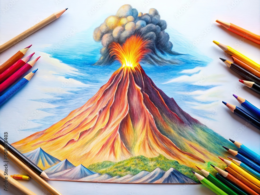Colorful illustration of step-by-step guide on how to draw a volcano ...