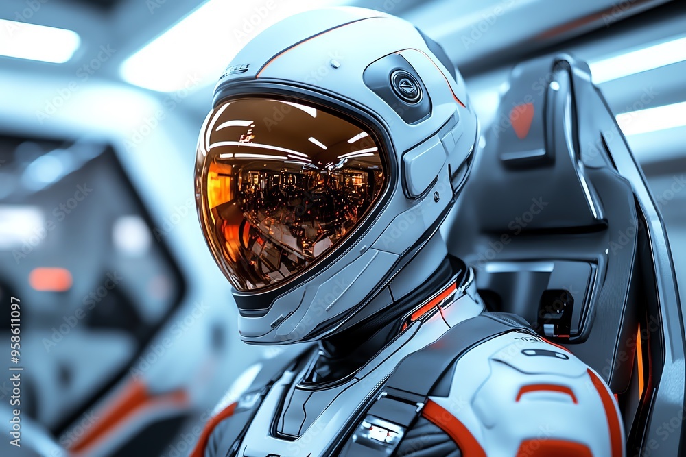 Astronaut in a futuristic scenario is showcased in a realistic photo of ...