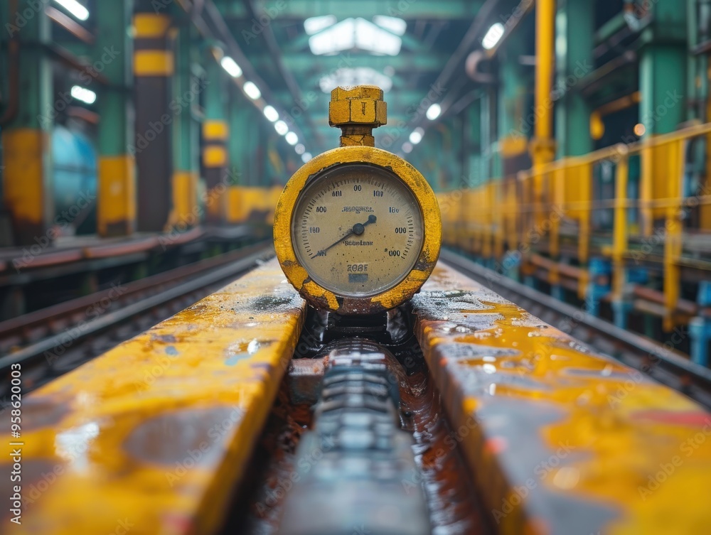 Rusty pressure gauge centered on an old, yellow-painted, industrial ...