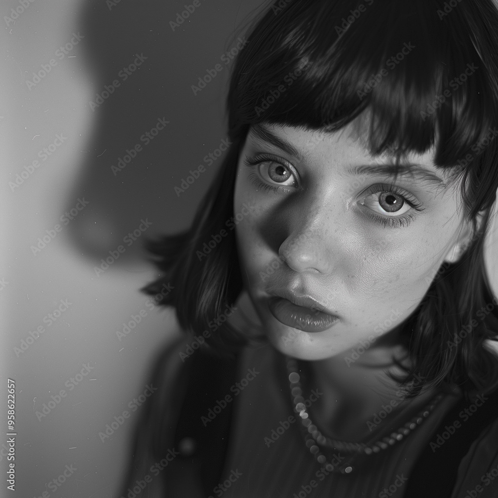 Moody black and white portrait young woman short 60s mod bob fringe ...