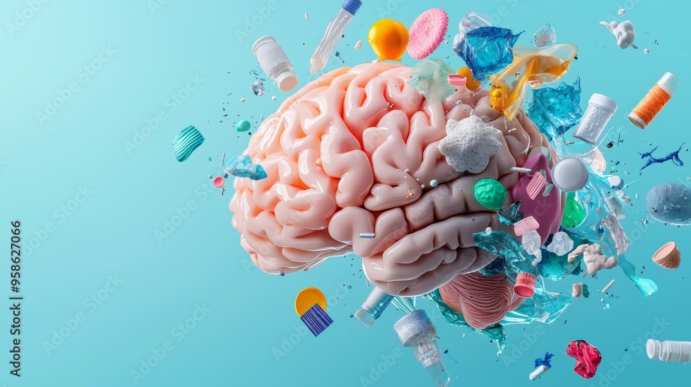 Illustration of a brain with microplastics depicted, exploring ...