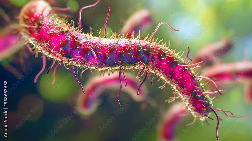 A highly detailed and realistic close-up of this bacteria: **Helicobacter pylori** - Associated ...