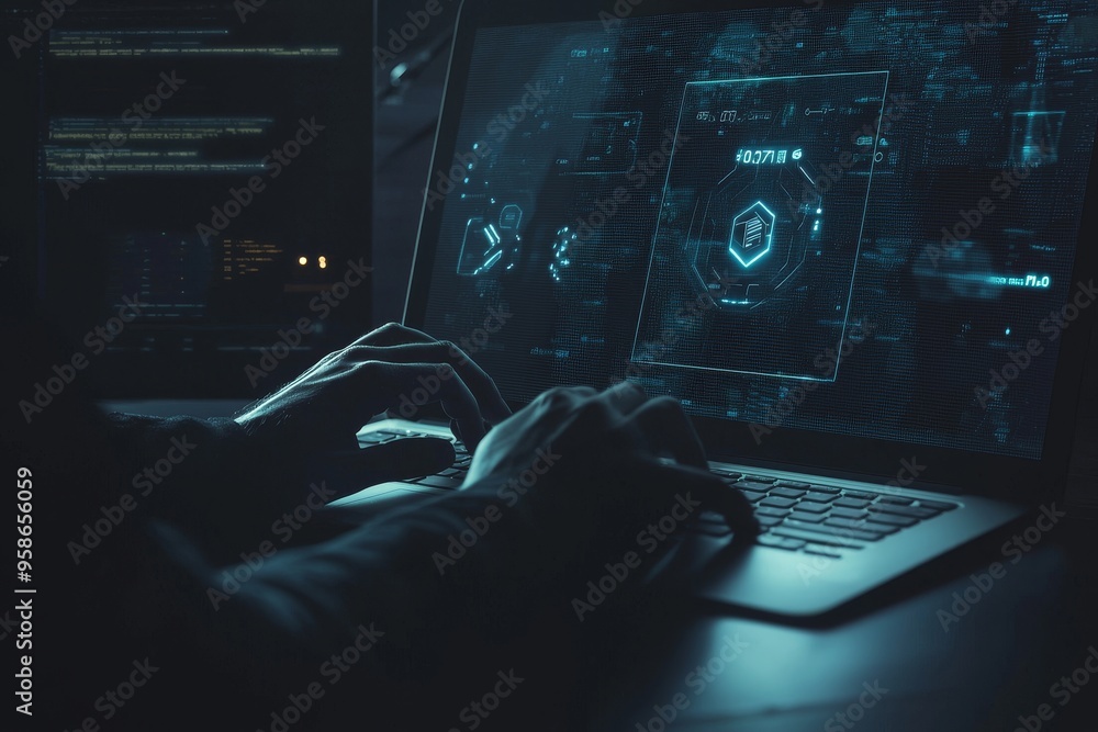 Using a laptop, a businessman demonstrates the ISO 27001 concepts of ...