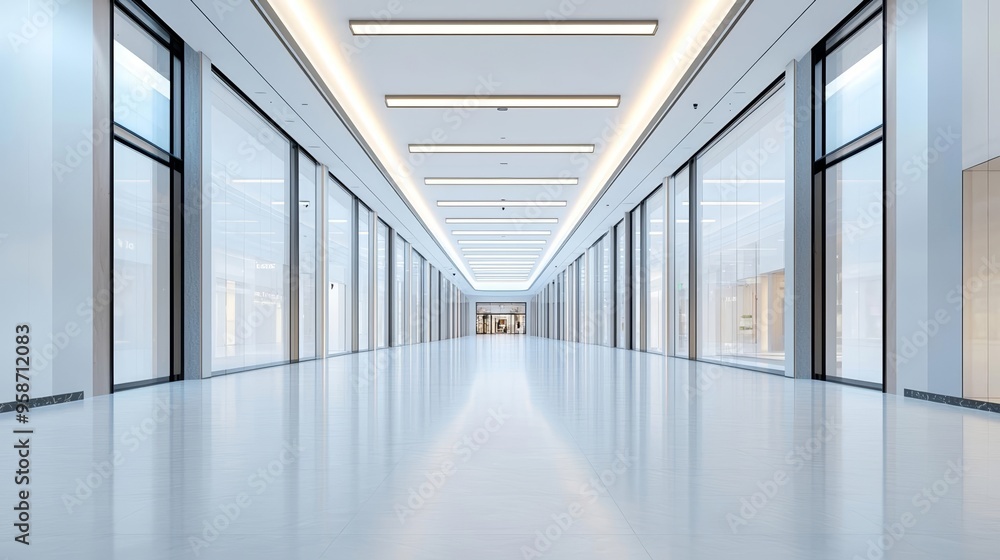 Empty luxury shopping mall with high ceilings and modern LED lighting ...
