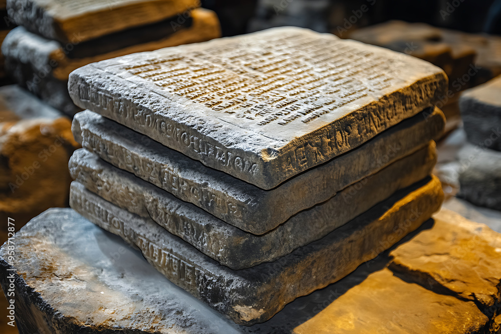 Ancient stone tablets featuring inscribed commandments, representing a ...