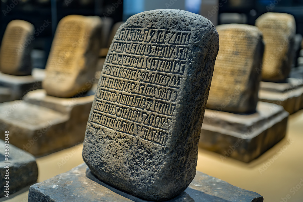 Ancient stone tablets featuring inscribed commandments, representing a ...