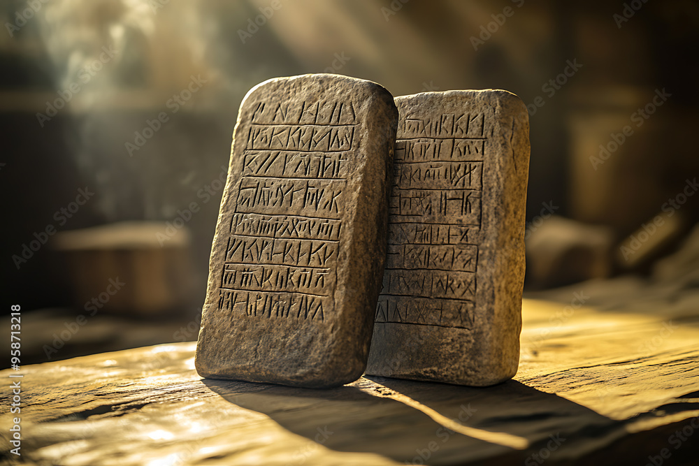Ancient stone tablets featuring inscribed commandments, representing a ...