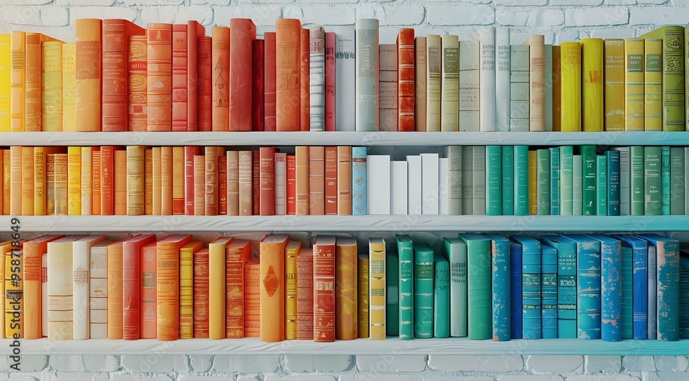 A neatly arranged bookshelf with books organized by color in a rainbow ...