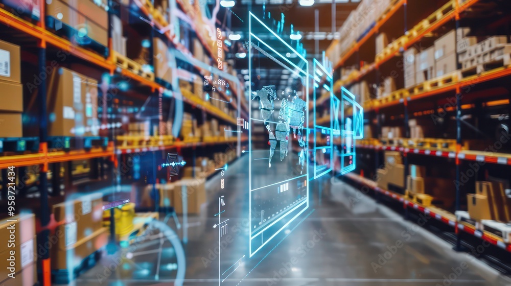 Digital interface overlaying a blurred warehouse interior, showcasing a ...