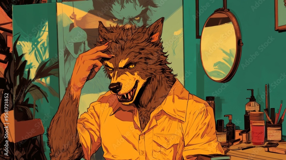 The Werewolf getting a new haircut at a salon, nervously eyeing the ...