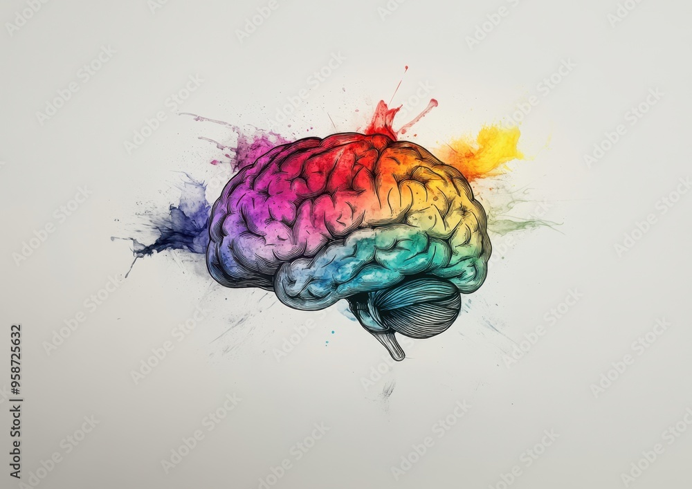 Black and white line art of a human brain with a colorful splash, a ...
