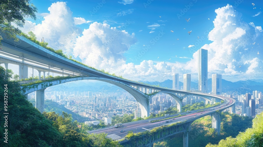 Beautiful road bridges layered at different heights, with a realistic ...