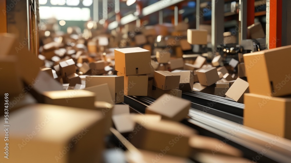 Piles of cardboard boxes under a conveyor belt, depicting a high ...