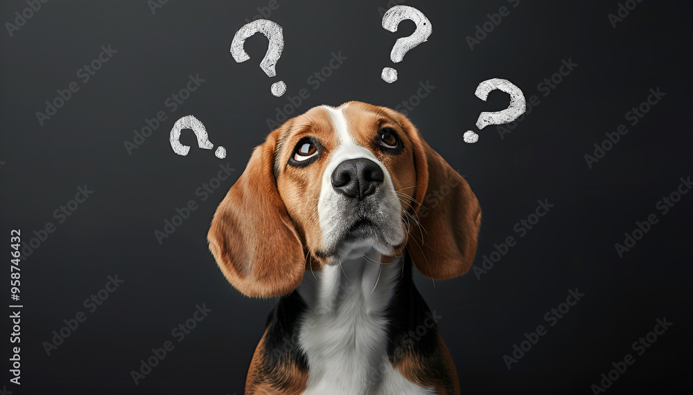Funny Beagle dog and question marks on black background Stock ...