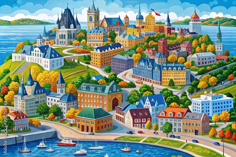Vibrant colorful map of Quebec City highlights historic landmarks ...