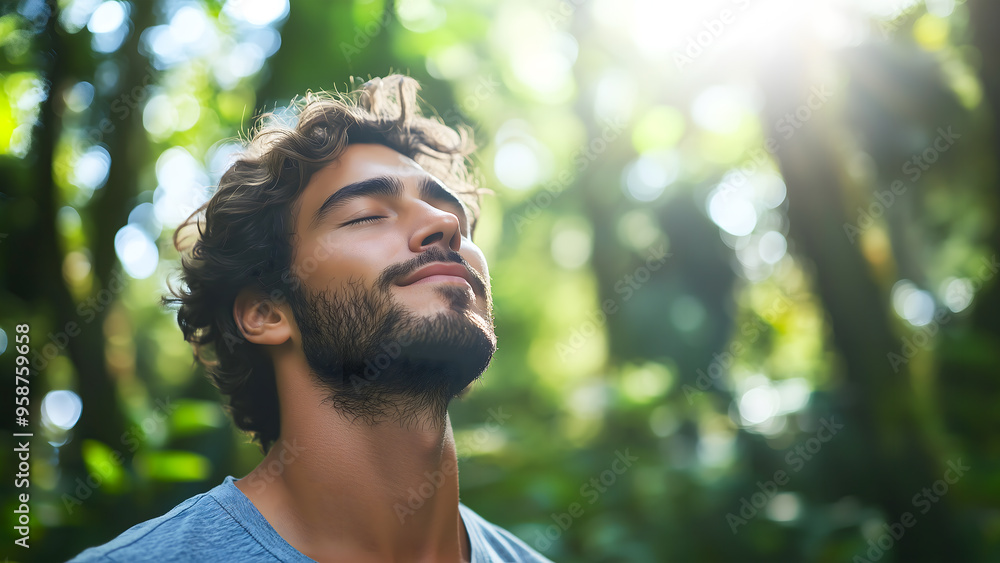 Foto Portrait of a young man taking deep breath fresh air with copy ...