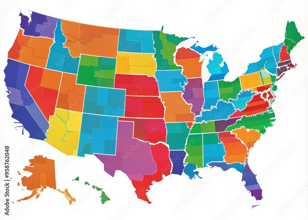 Vibrant colors illustrate a detailed map of the United States ...