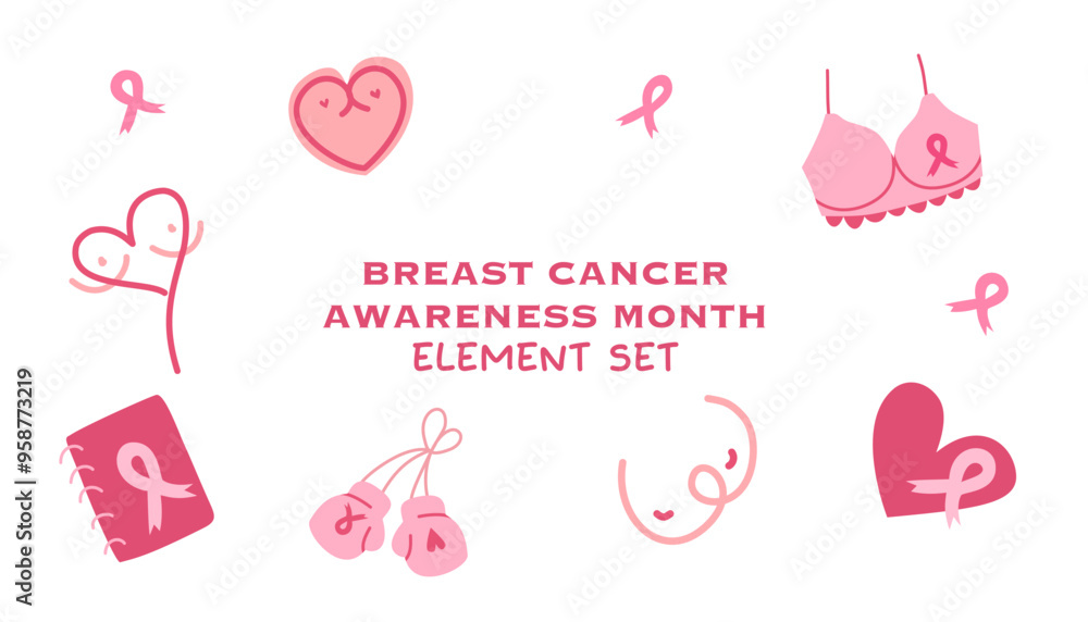 Breast cancer awarenes month set of doodles, cartoon elements, clip art ...