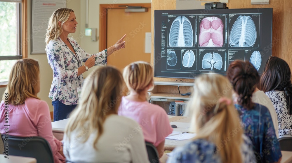 An educational image showing a group of women attentively listening to ...