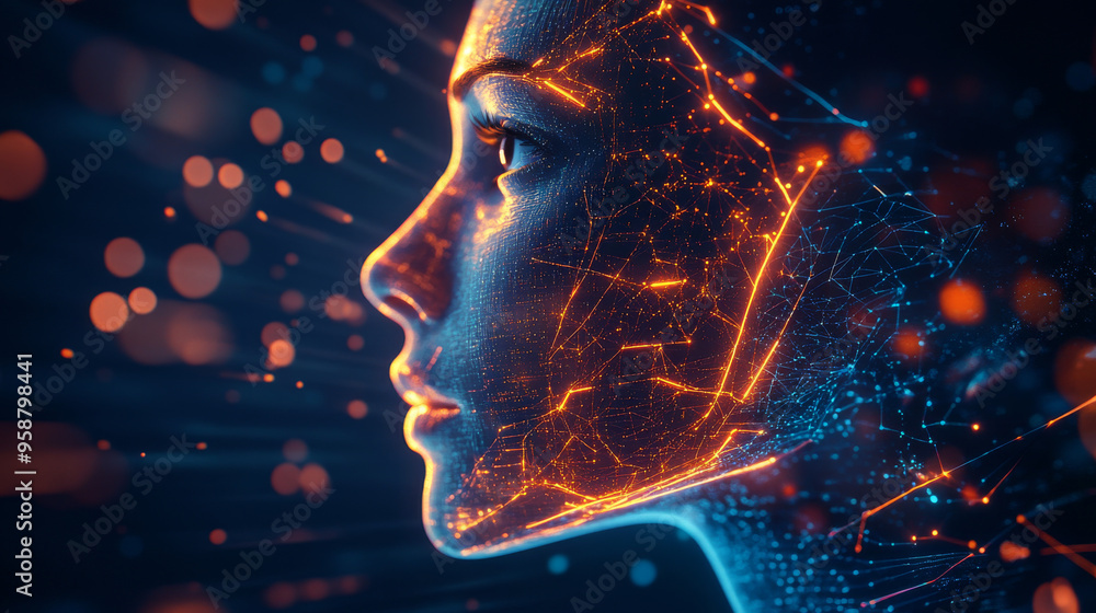 A glowing face appears in a digital world. This futuristic artwork ...