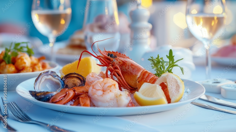 Table setting with seafood, where microplastics are subtly integrated ...