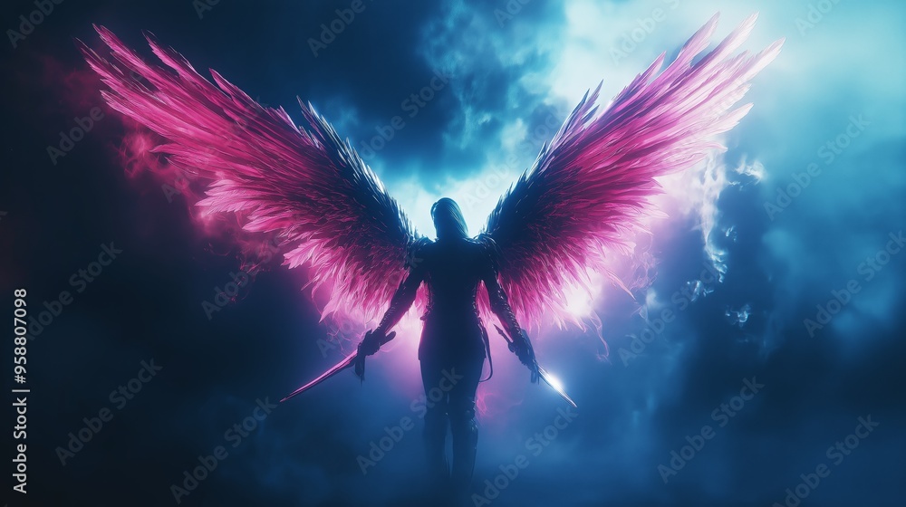 ambient fantasy silhouette shadow of a warrior angel with wings and ...