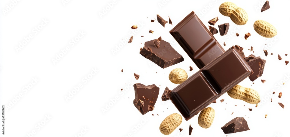 Floating chocolate bars with peanuts and shards of chocolate, isolated ...