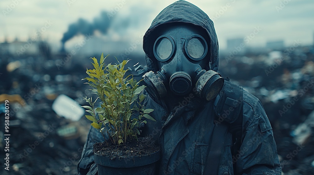 activist with gas mask and plant standing on landfill large pile of ...