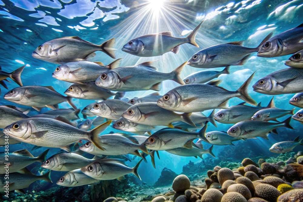 A school of silvery fish swim together in unison, their scales ...