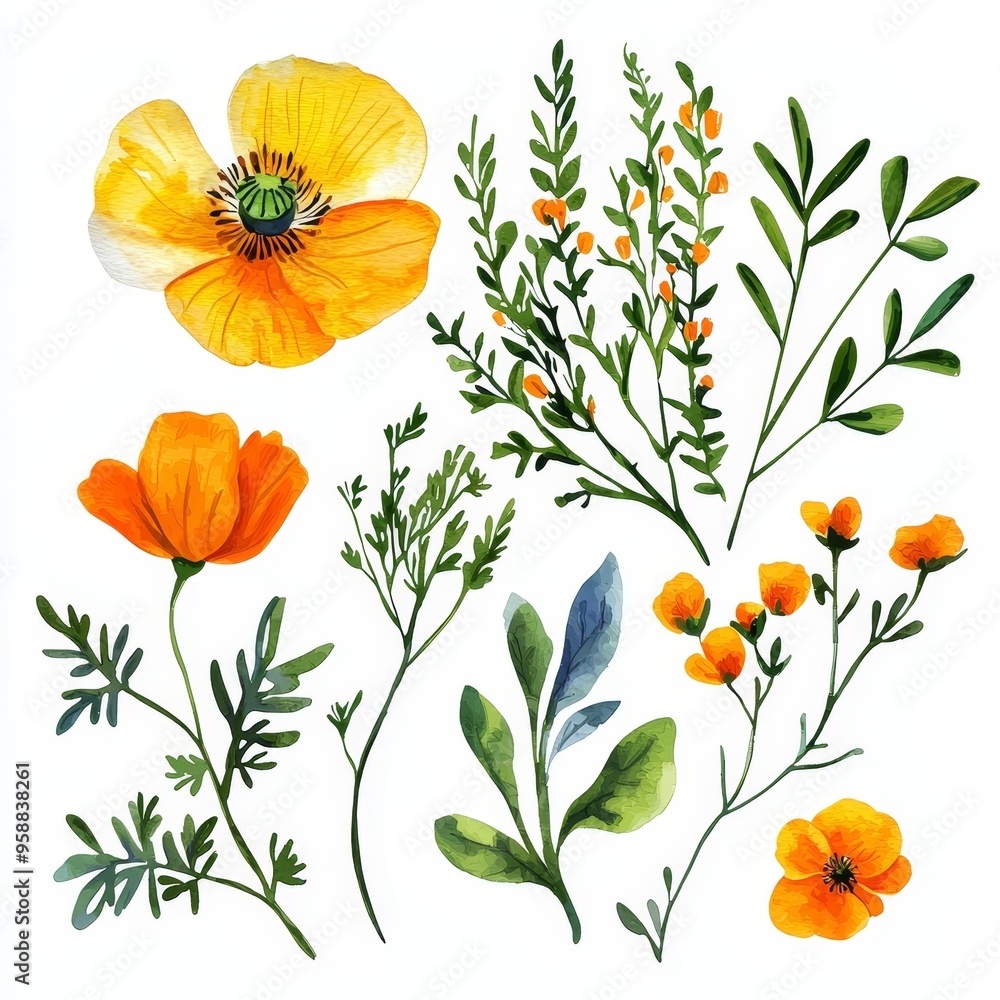Animated clipart of orange flowers, vintage watercolor. Using AI to ... Animated clipart of orange flowers, vintage watercolor. Using AI to ...