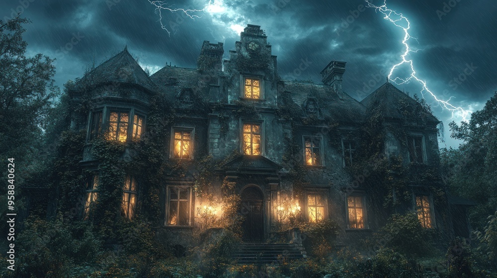 Creepy mansion with cracked windows, stormy night sky, lightning, eerie ...
