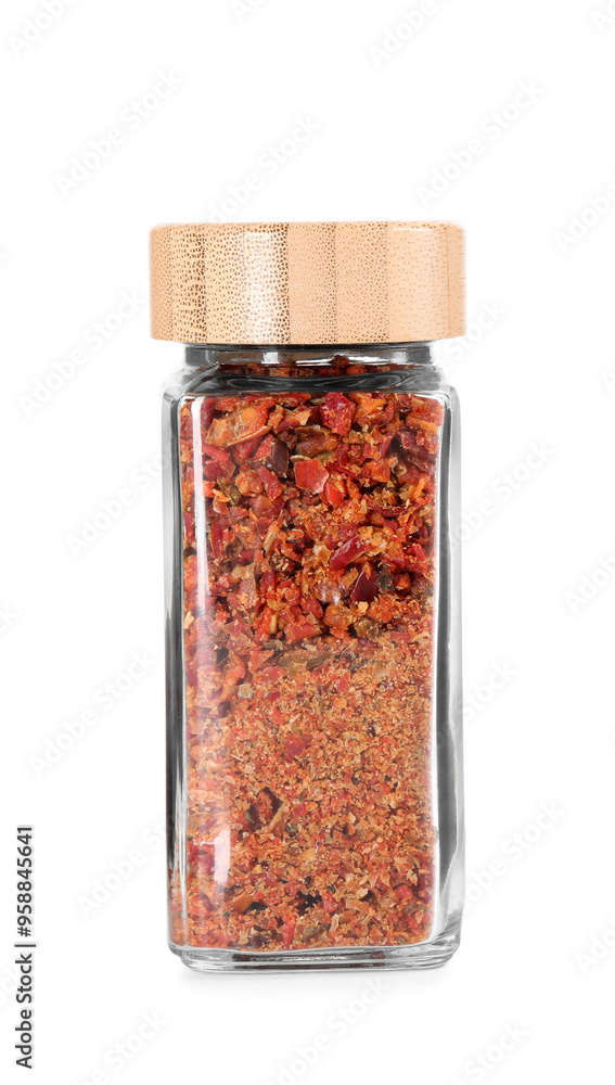 Red chili pepper flakes in glass jar isolated on white Stock Photo ...