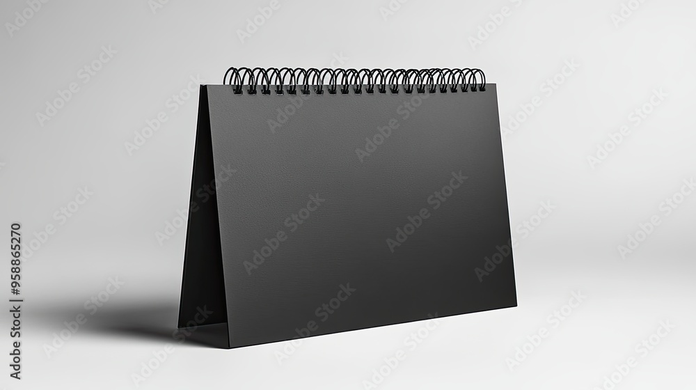 2. A sleek black table calendar with a spiral binding, placed on a ...