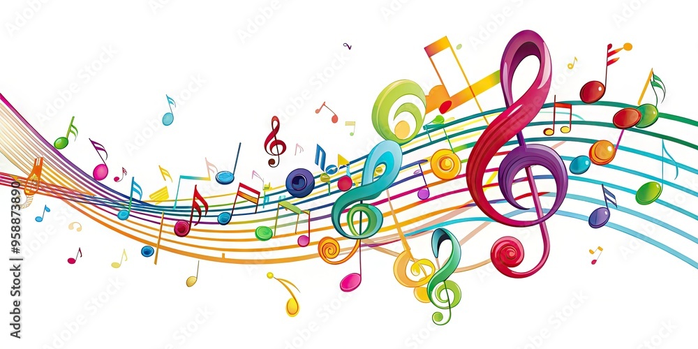 Colorful musical notes, rests, and dynamics symbols scattered across a ...