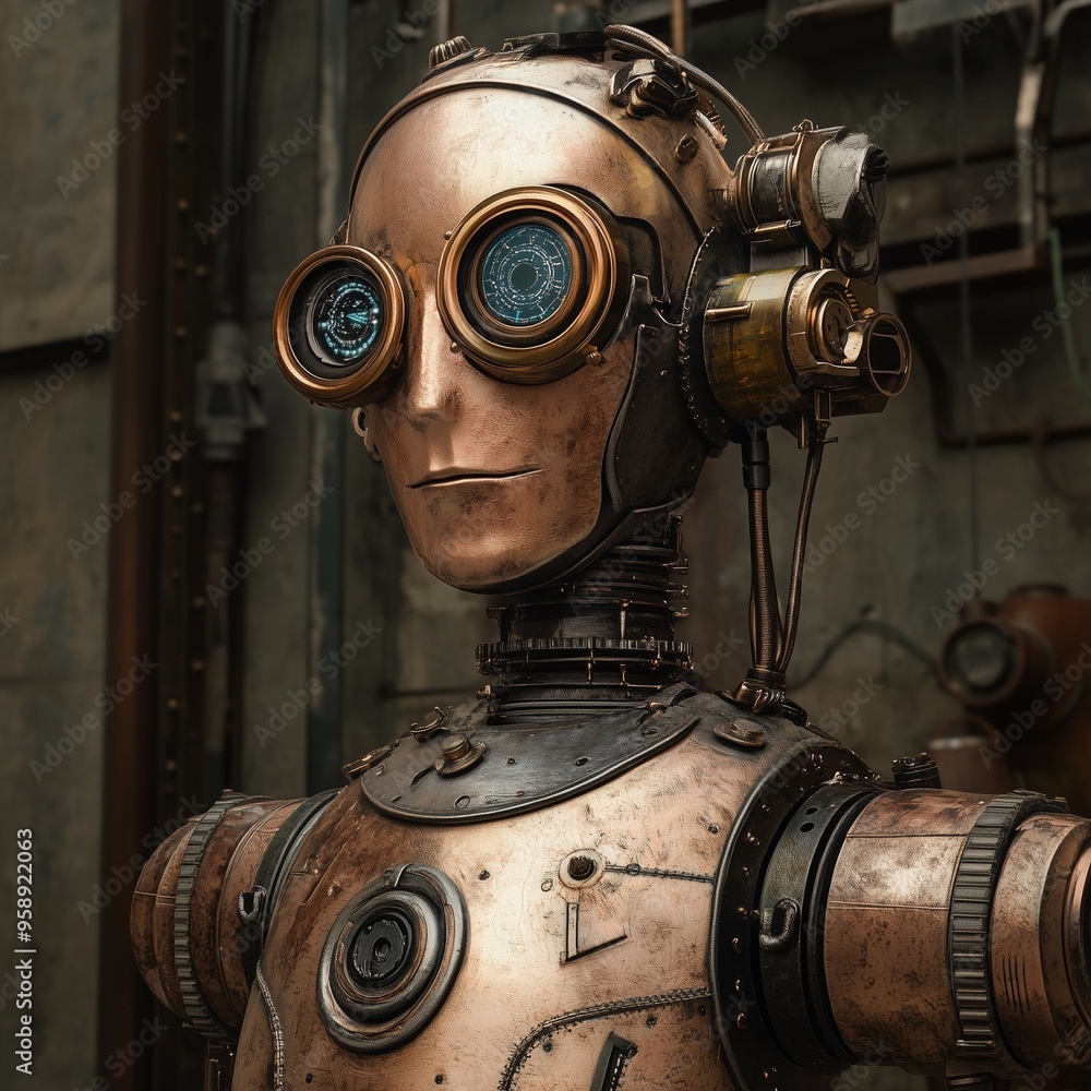 Steampunk humanoid robot with copper gears and mechanical features in a ...