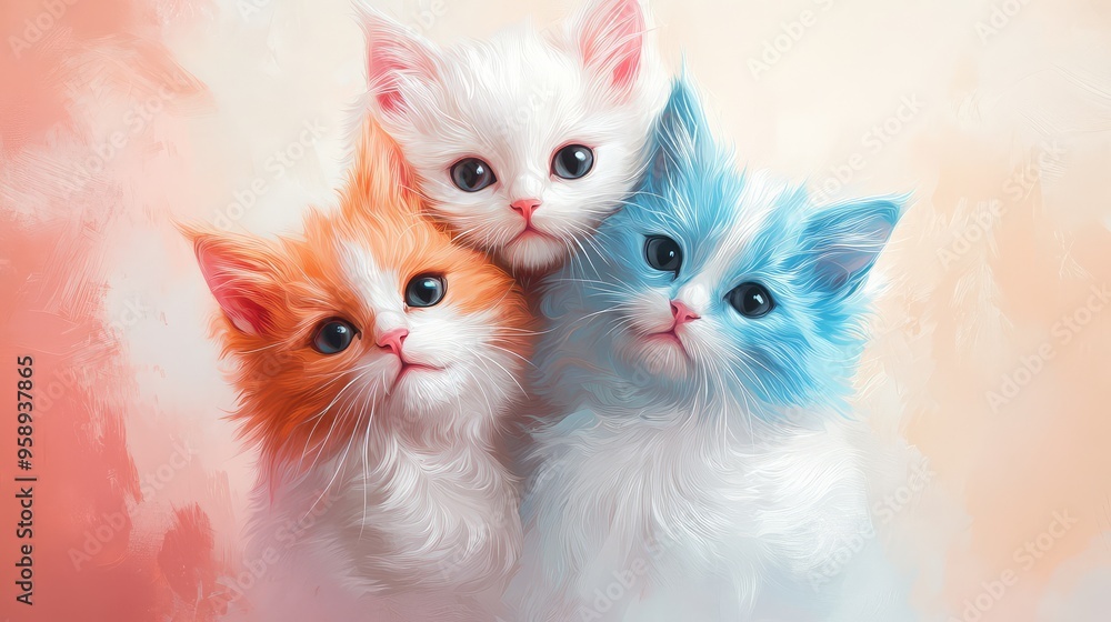 Three cats with white, orange, and blue fur, stacked on top of each ...