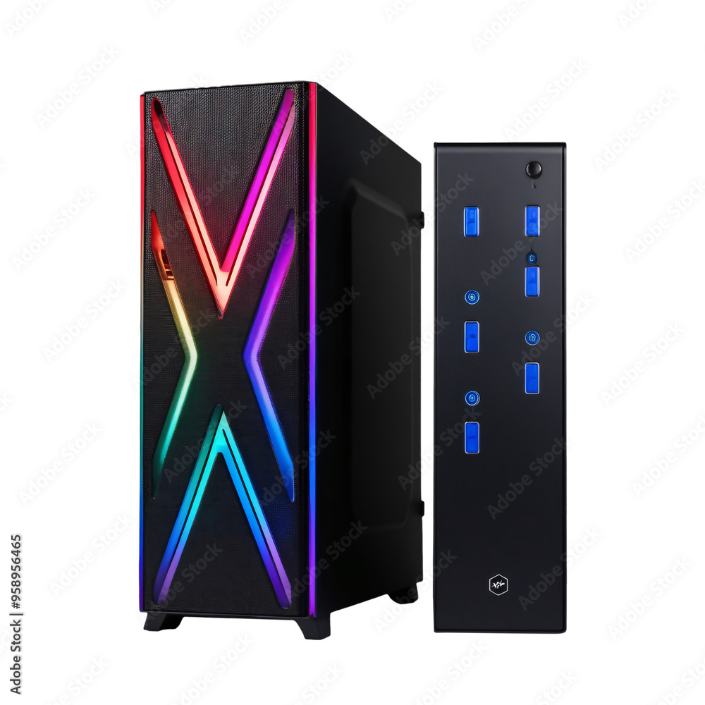 Two sleek desktop towers: left with V-shaped RGB light strip and ...