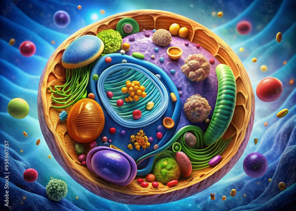 Microscopic illustration of a labeled animal cell featuring nucleus ...