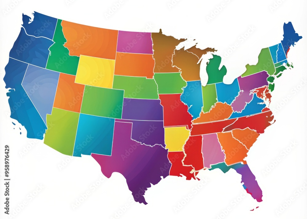 Vibrant colorful map of the United States of America featuring all 50 ...