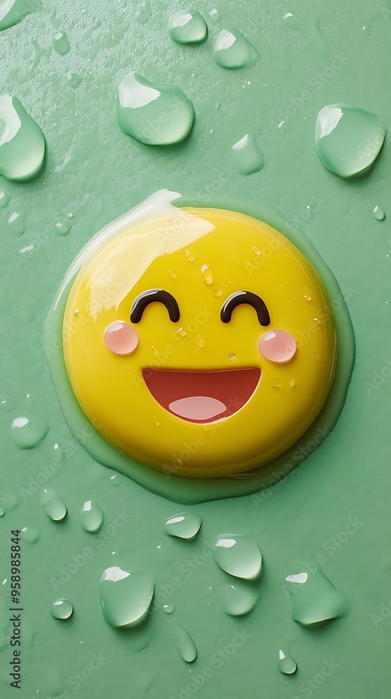 Joyful Laughing Face Emoji on Mint Green Background with Water Drops ...