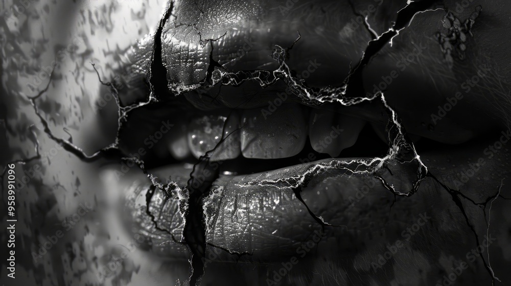 A pair of lips, grotesquely swollen and disfigured, oozing with viscous ...