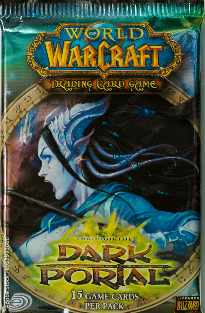 Hamburg, Germany - 06192024: photo of opened English World of Warcraft trading game card booster ...