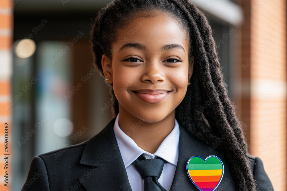 A young girl, wearing a school uniform, smiles confidently. She proudly ...