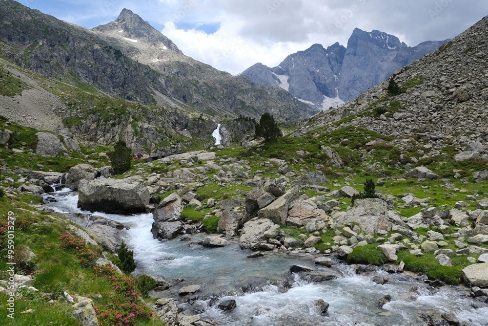Beautiful scenery of Pyrenees National Park. Tourist trail to Refuge ...